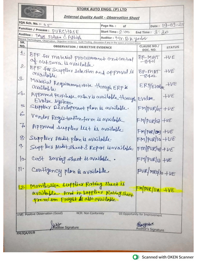 NC-7. Internal Audit Check Sheet | PDF