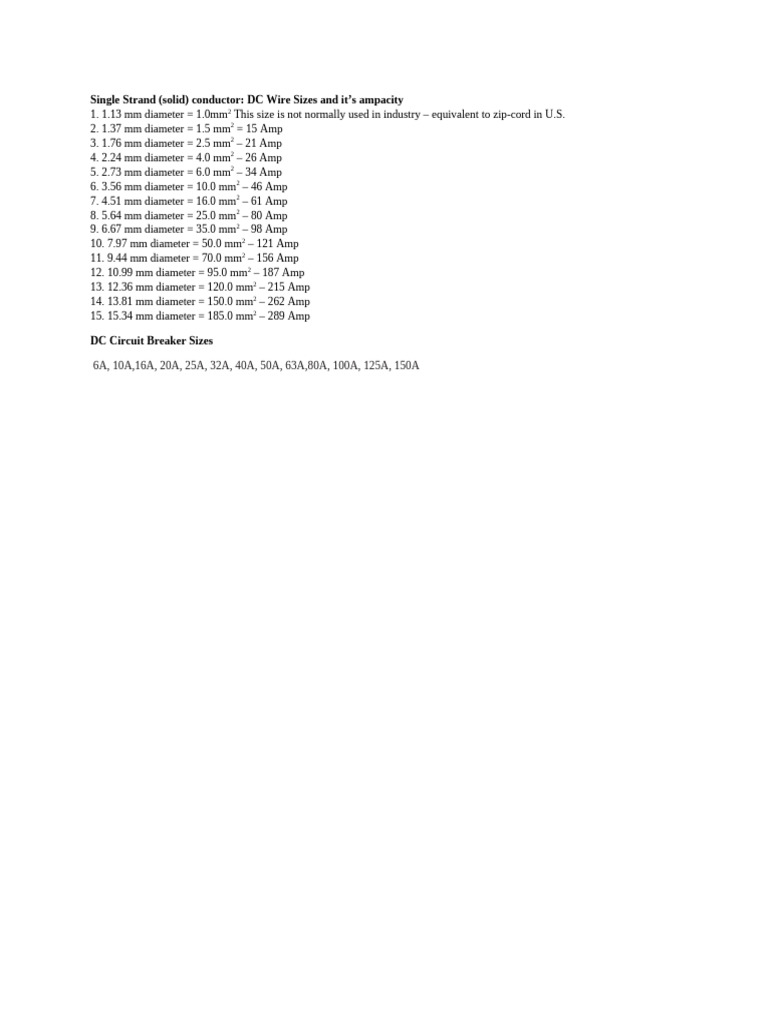 Sizes of DC CB and DC Wires | PDF