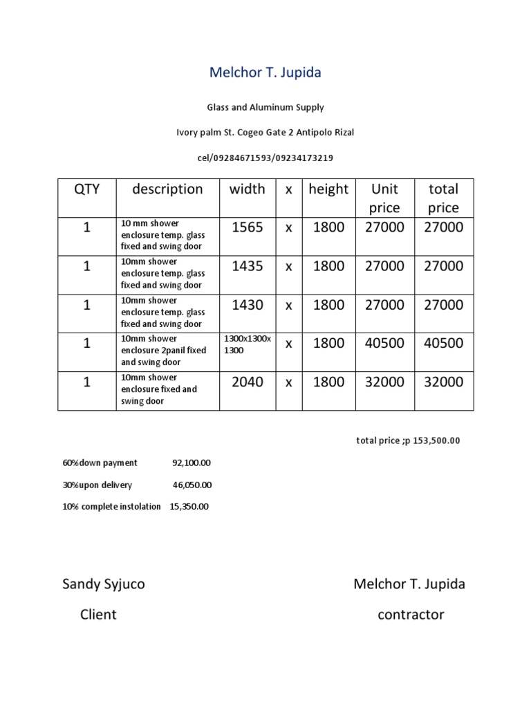 Glass Supply Invoice for Sandy Syjuco | PDF