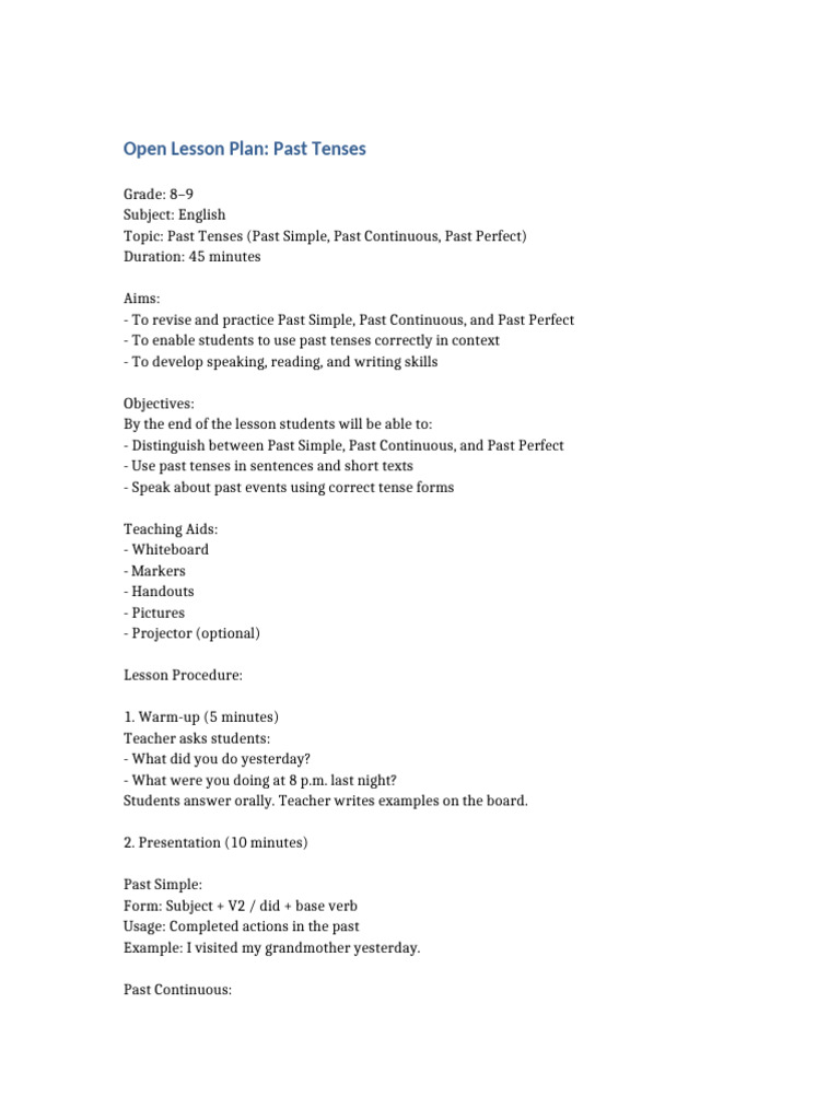 Past Tenses Open Lesson Plan | PDF