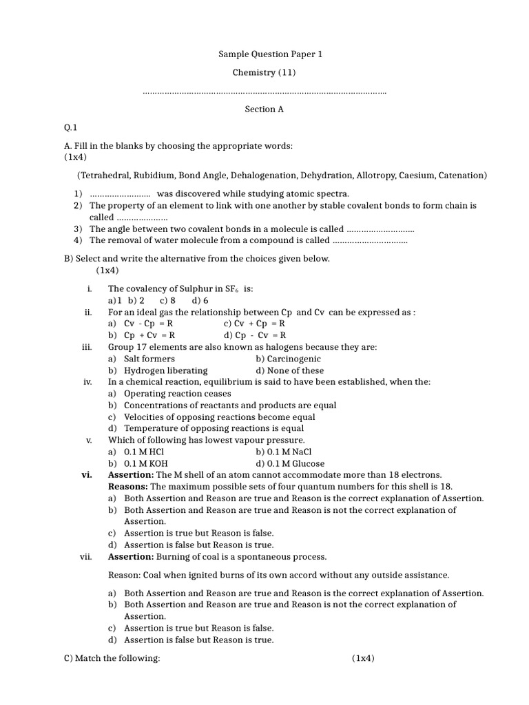 Sample Question Paper 1 | PDF | Chemical Bond | Molecules
