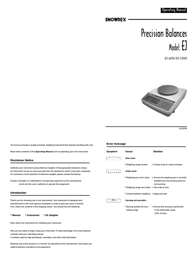 Snowrex Precision Balance - Operating Manual | PDF | Calibration | Troy ...