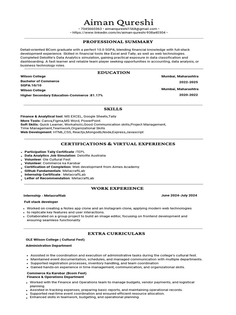 Full Stack Developer & BCom Graduate Skills | PDF | Web Development ...