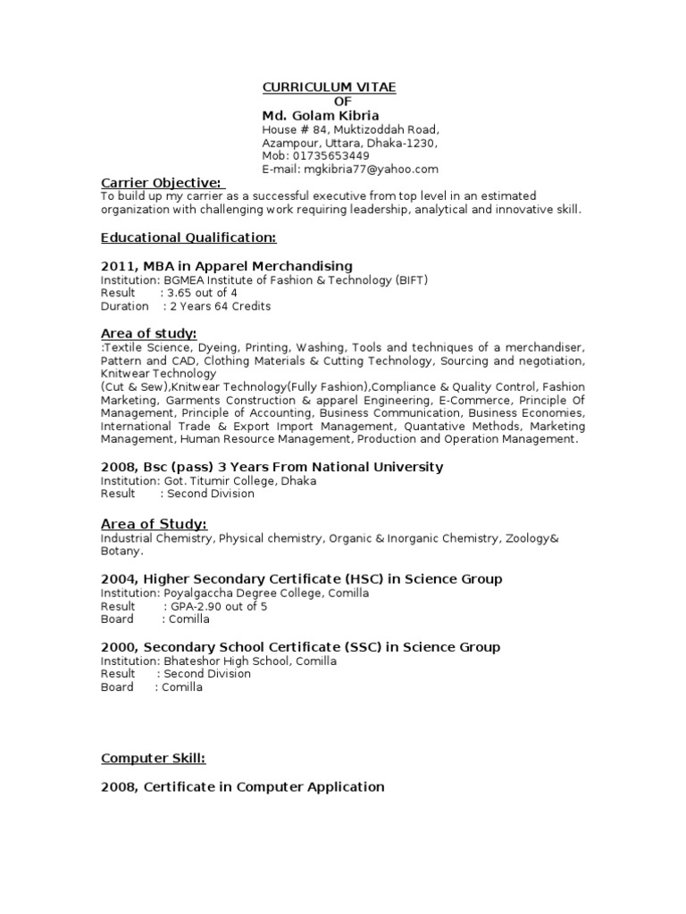 Kibria CV | PDF | Bangladesh | Clothing