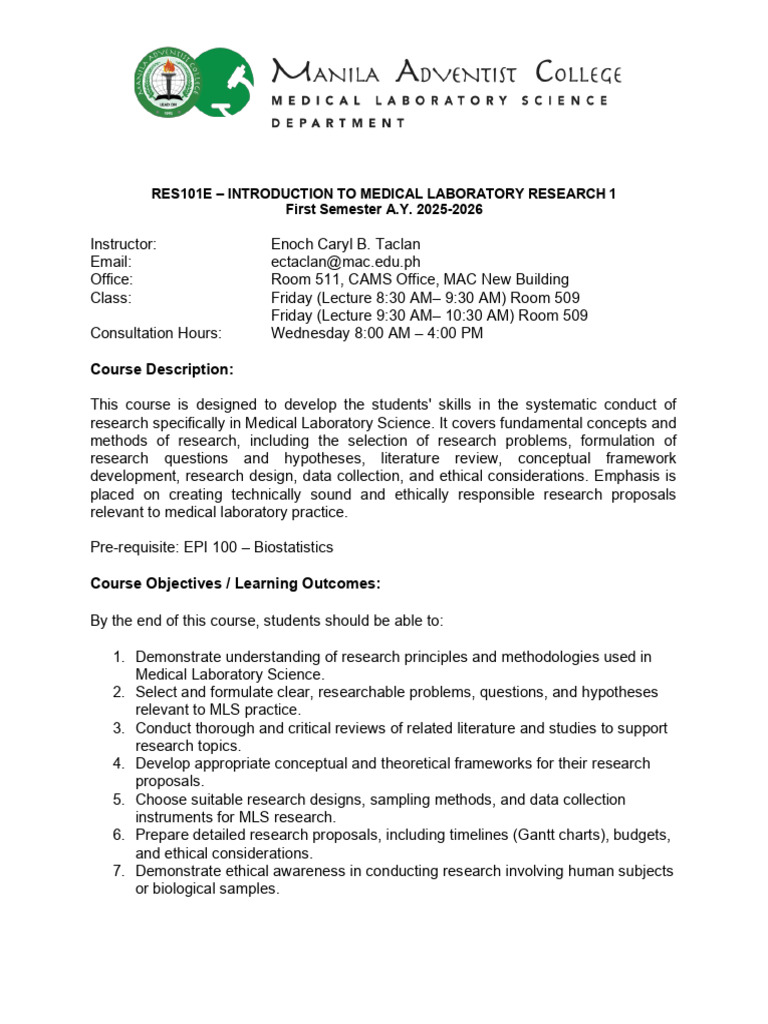 Medical Laboratory Research Course Syllabus | PDF | Learning | Science