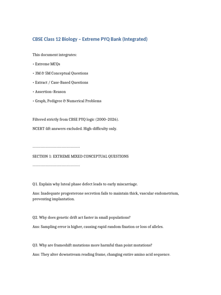 CBSE Class12 Biology Extreme PYQ Bank | PDF
