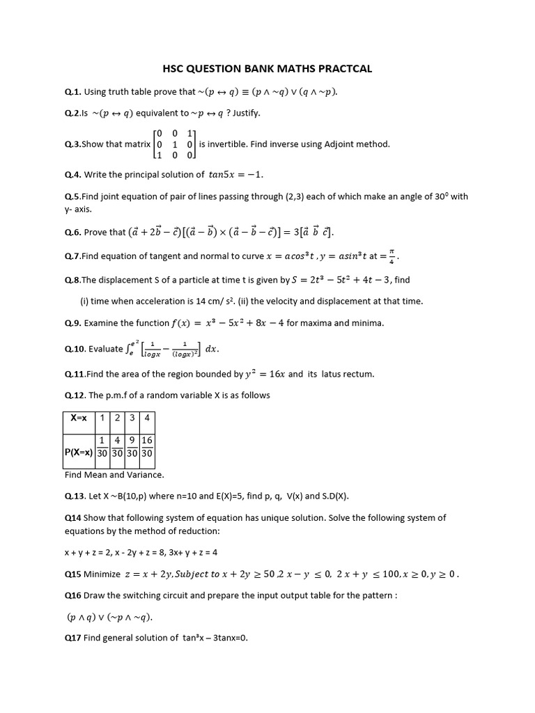HSC Question Bank Maths Practcal | PDF