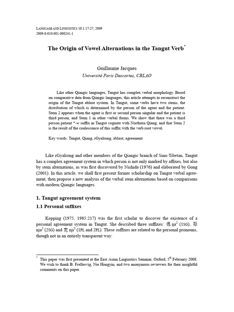 The Origin of Vowel Alternations in the Tangut Verb | PDF | Verb ...