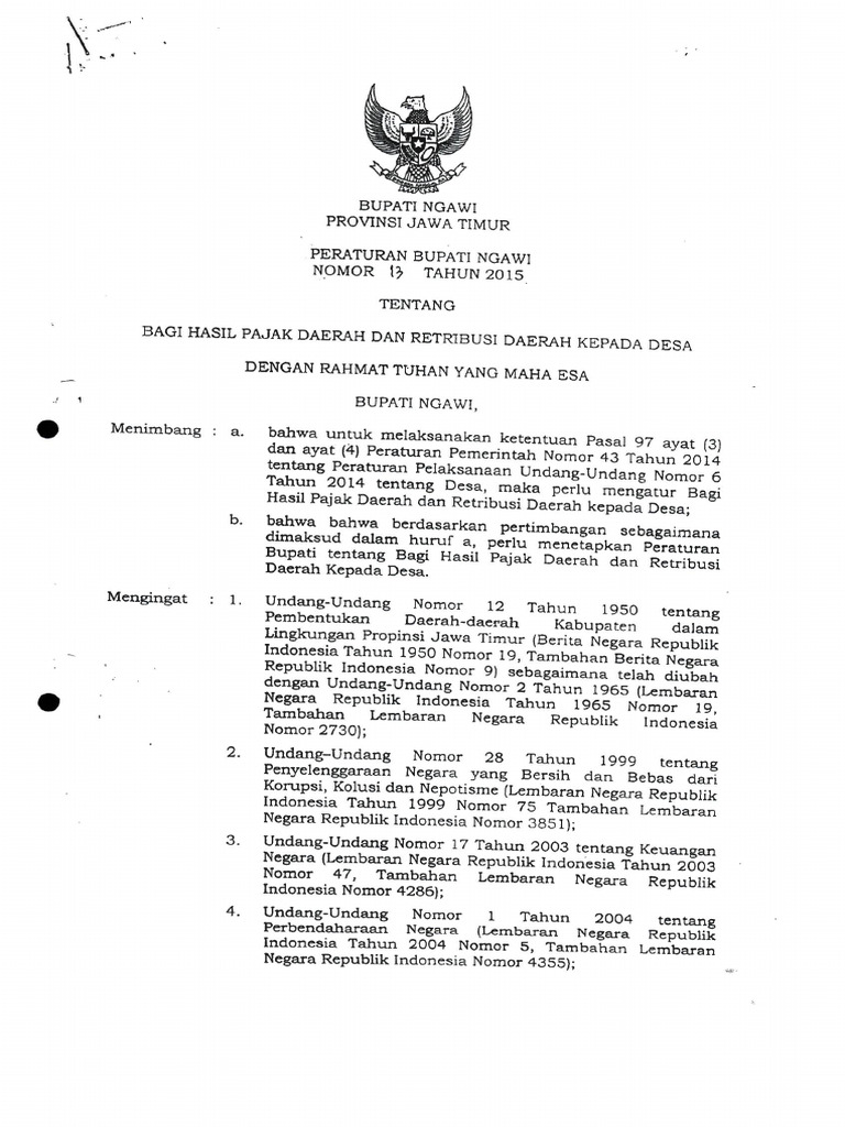 Perbup 13 Thn 2015 Ttg Bagi Hasil Pajak Retribusi | PDF