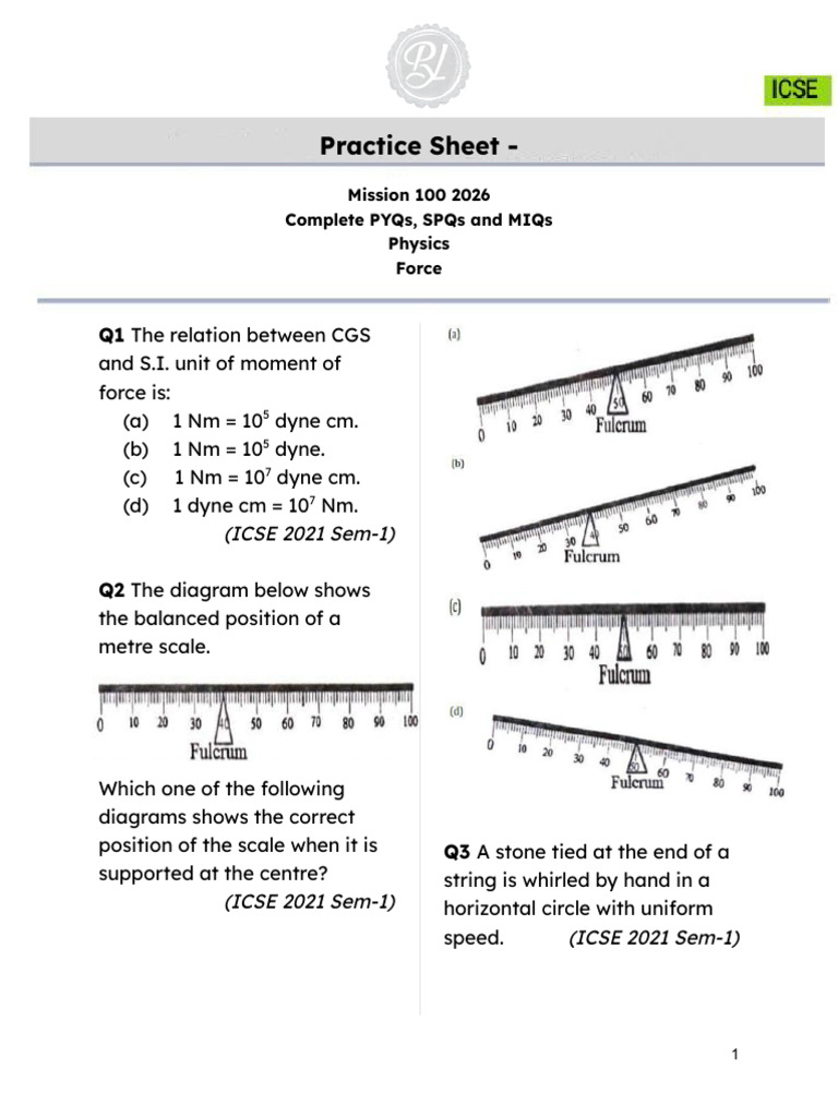 Physics Practice Sheet: Force Concepts | PDF | Force | Acceleration