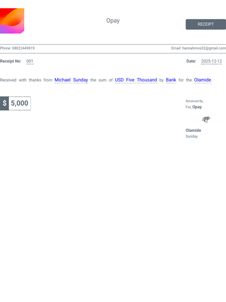 Receipt for $5,000 from Michael Sunday | PDF