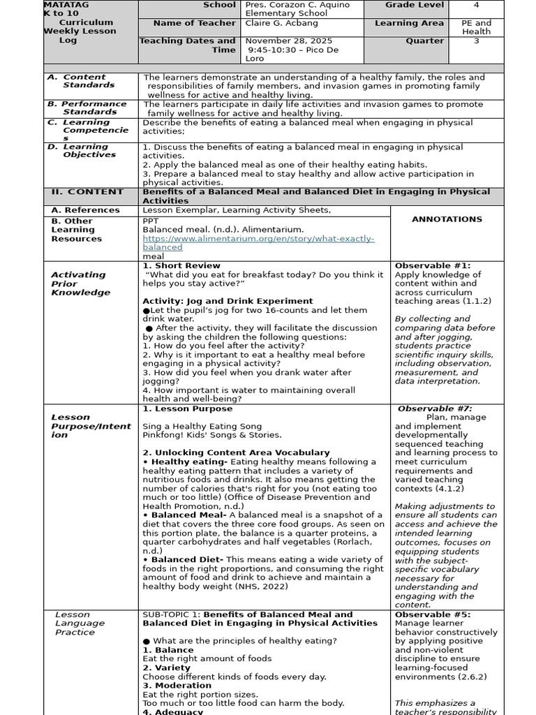 PE and Health Lesson Plan for Grade 4 | PDF | Healthy Diet | Eating