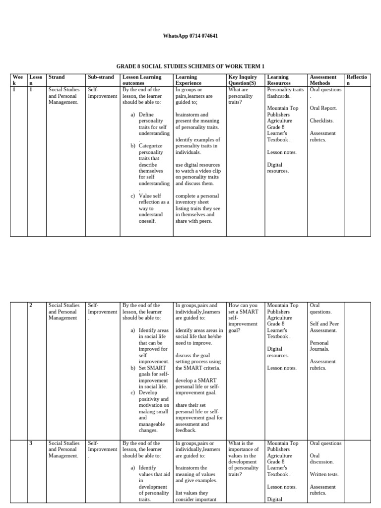Grade 8 Social Studies Term 1 Plan | PDF | Self Esteem | Learning