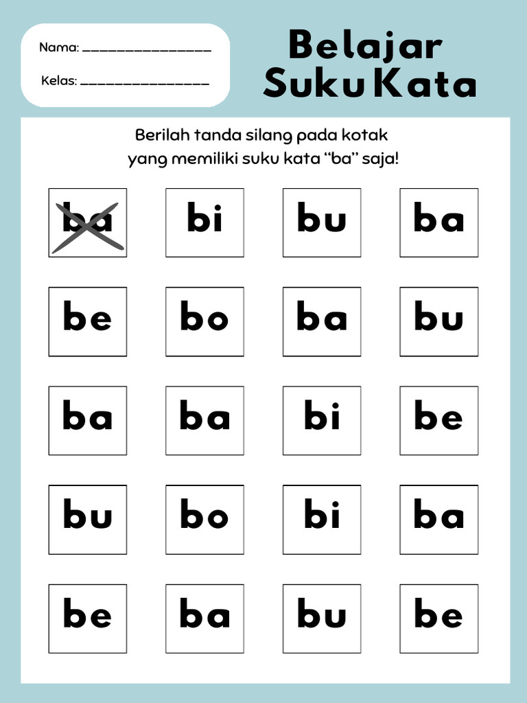 Lembar Kerja Menemukan Suku Kata Ba Biru Putih | PDF