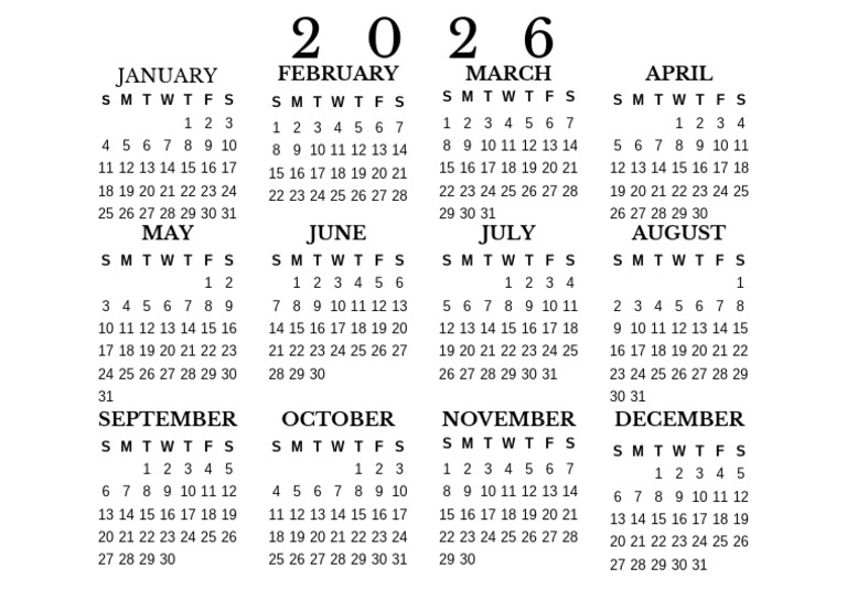 Black and White Simple 2026 Wall Calendar | PDF