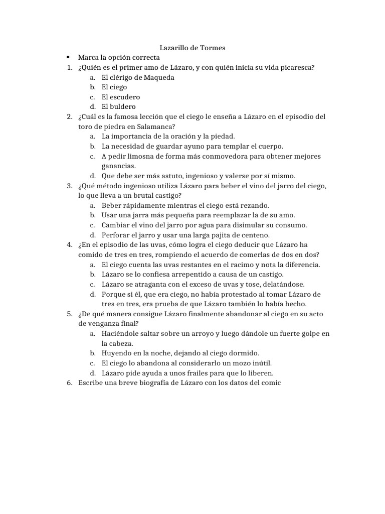 Preguntas sobre "Lazarillo de Tormes" | PDF