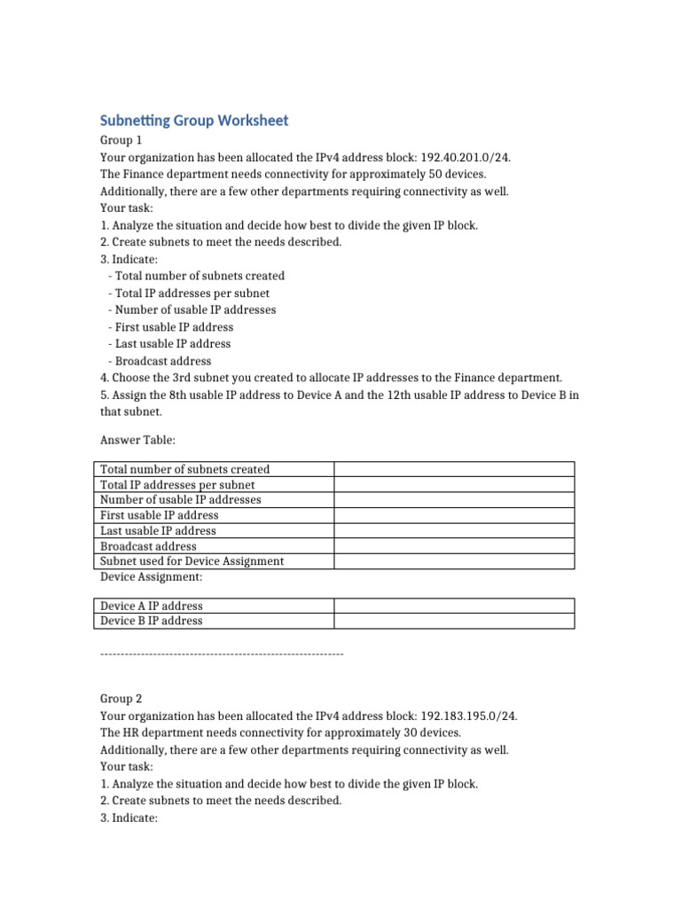 Subnetting Worksheet for Departments | PDF | Ip Address | Internet