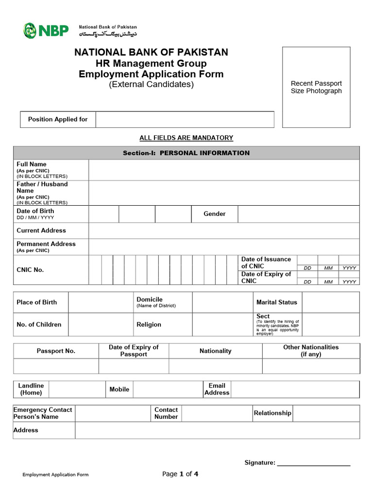 National Bank of Pakistan Application Form | PDF