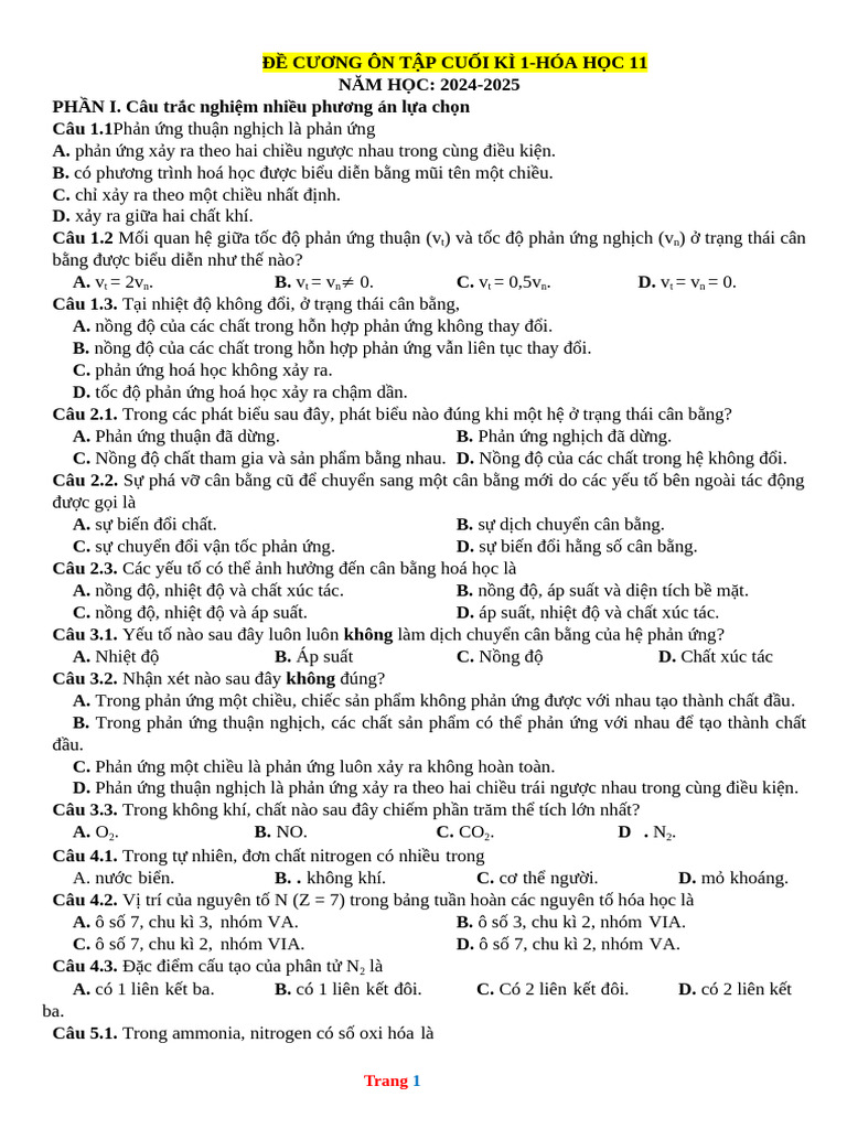 De Cuong on Tap HK1 Hoa 11 | PDF