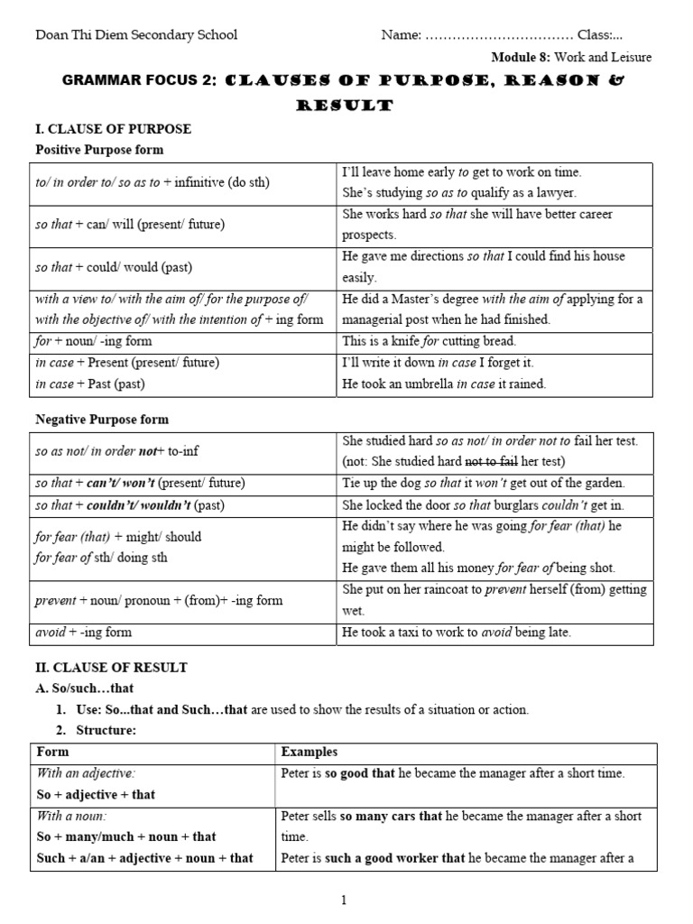 Grammar: Purpose, Reason & Result Clauses | PDF | Adjective | Adverb