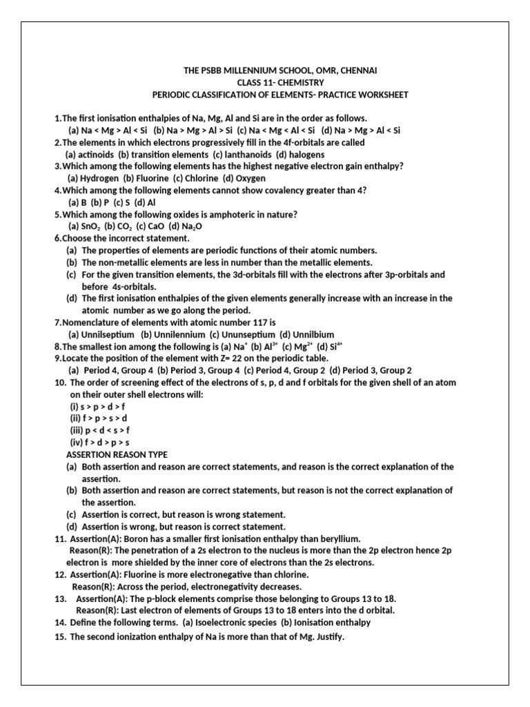 Class 11 Chemistry: Periodic Elements Worksheet | PDF | Periodic Table ...