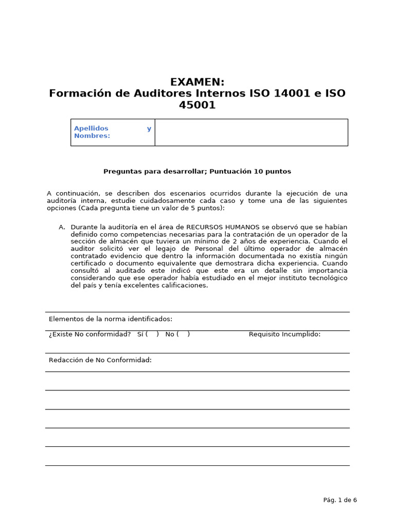 Examen Auditor ISO14k ISO45k | PDF | Contralor | Auditoría