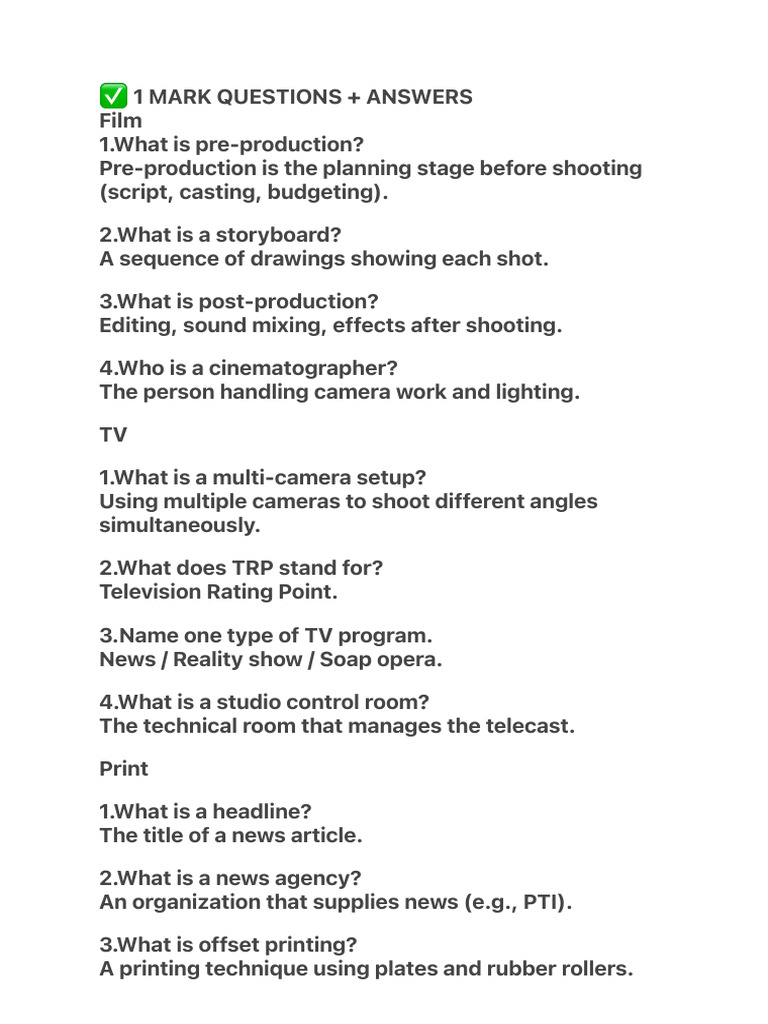 1 Mark Questions + Answers | PDF | Editing | News