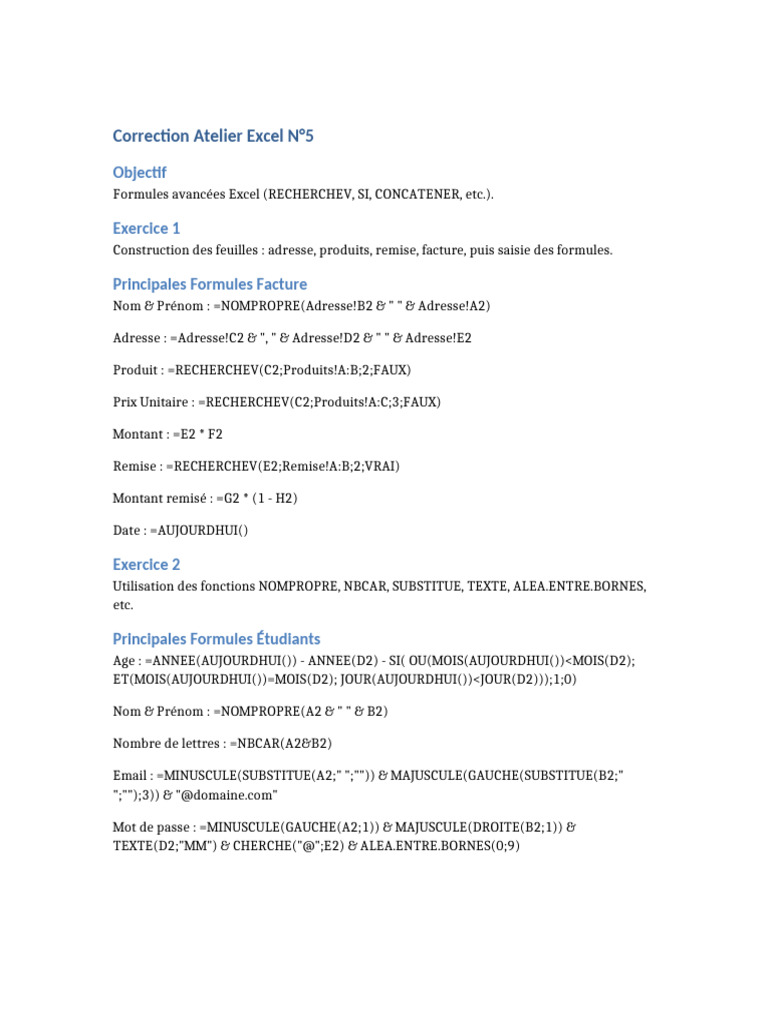 Formules Avancées Excel : Atelier N°5 | PDF