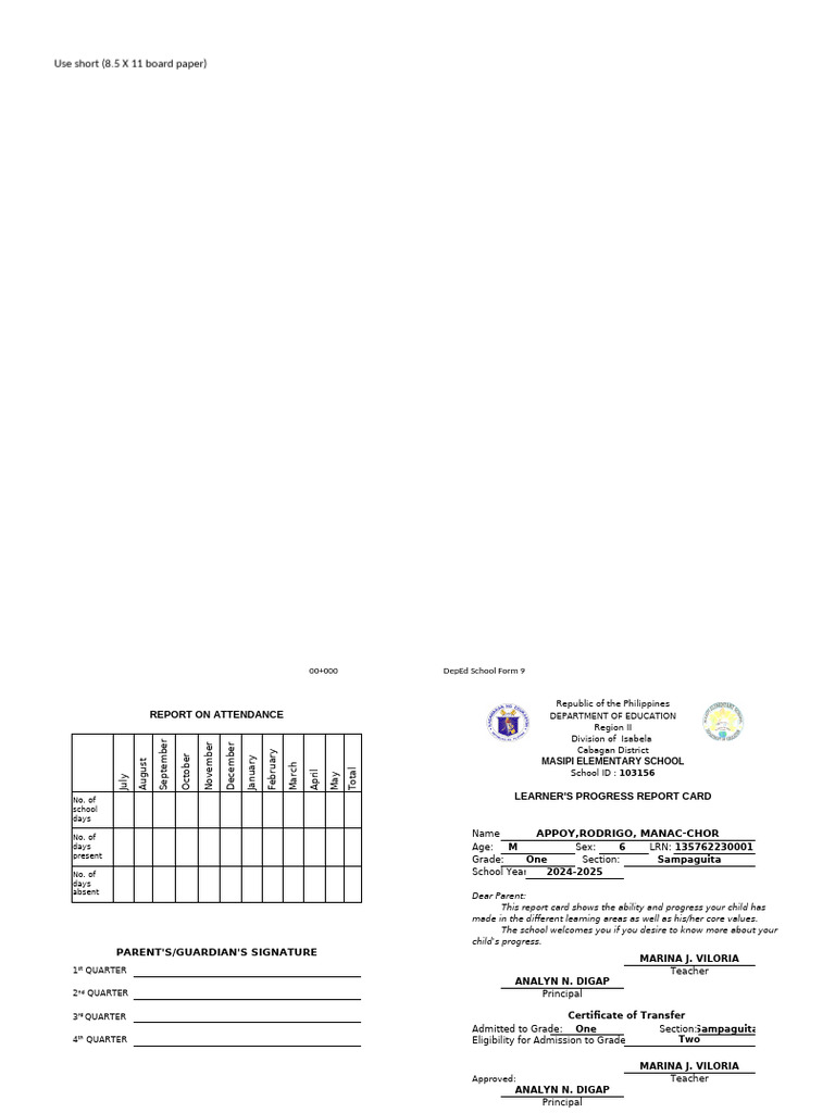 Grade 1 Learner's Progress Report 2024 | PDF | Learning
