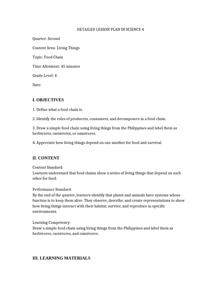 Grade 4 Food Chain Lesson Plan | PDF