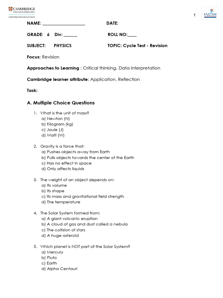 Physics Cycle Test Revision Guide | PDF | Weight | Gravity
