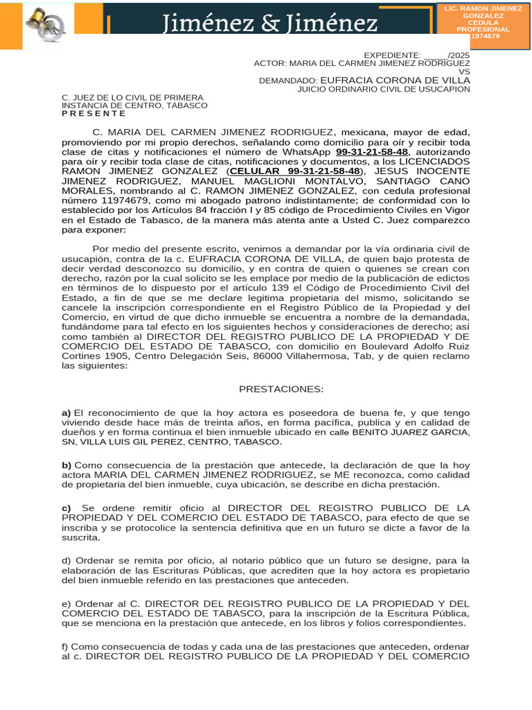 Demanda Usucapion Maria Del Carmen Jimenez Rodriguez | PDF | Derecho y ...