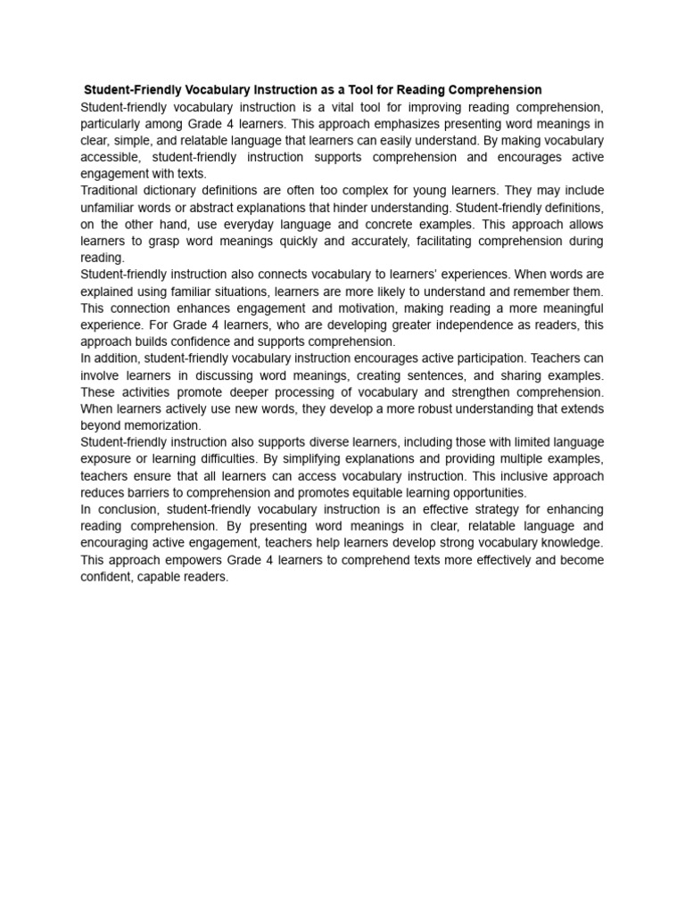 Student-Friendly Vocabulary Instruction as a Tool for Reading ...