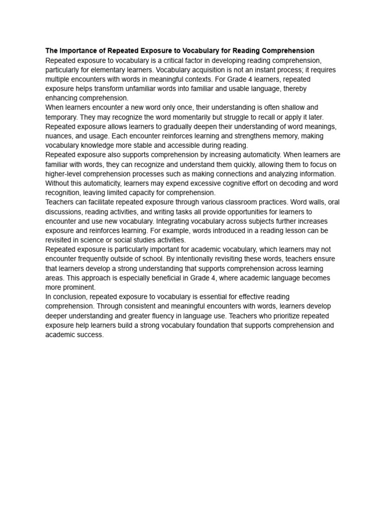 The Importance of Repeated Exposure to Vocabulary for Reading ...