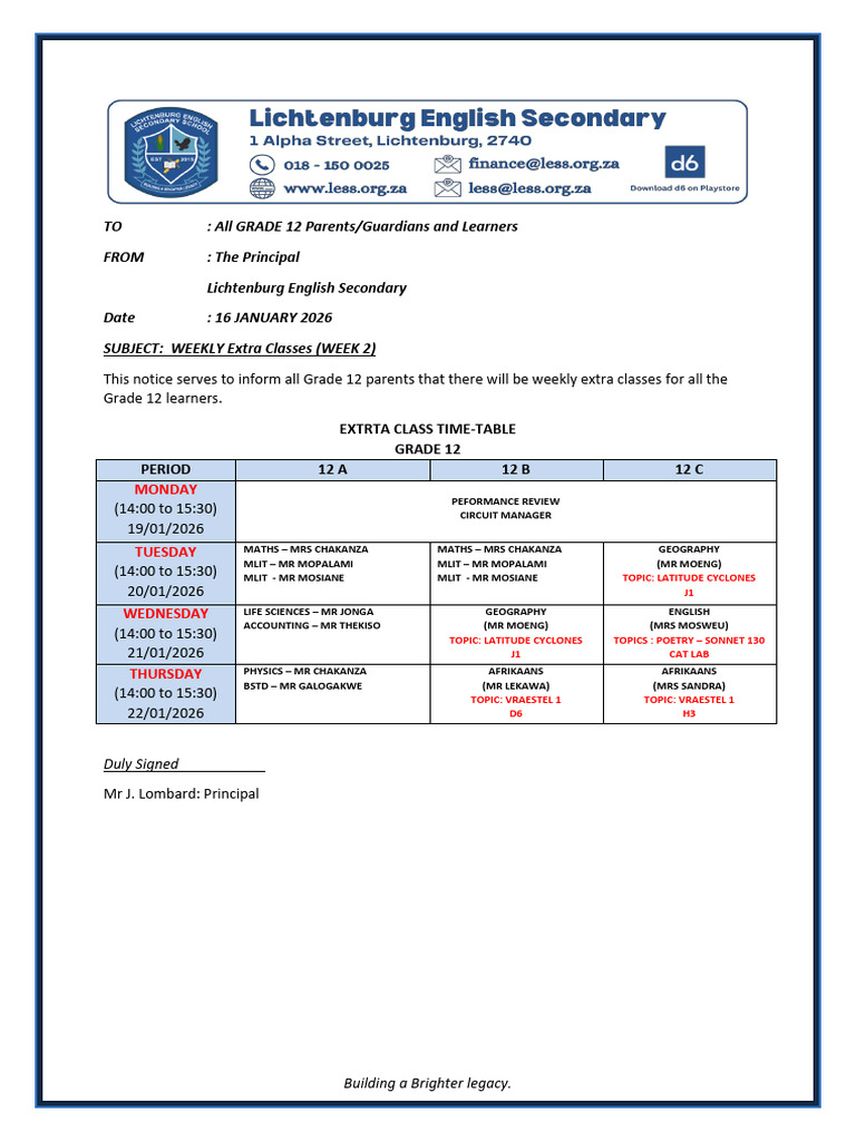 Weekly Classes Week 2 Term 1 | PDF