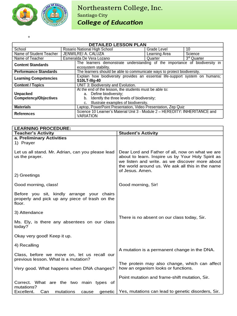 Biodiversity Lesson Plan for Grade 10 | PDF | Biodiversity | Ecosystem