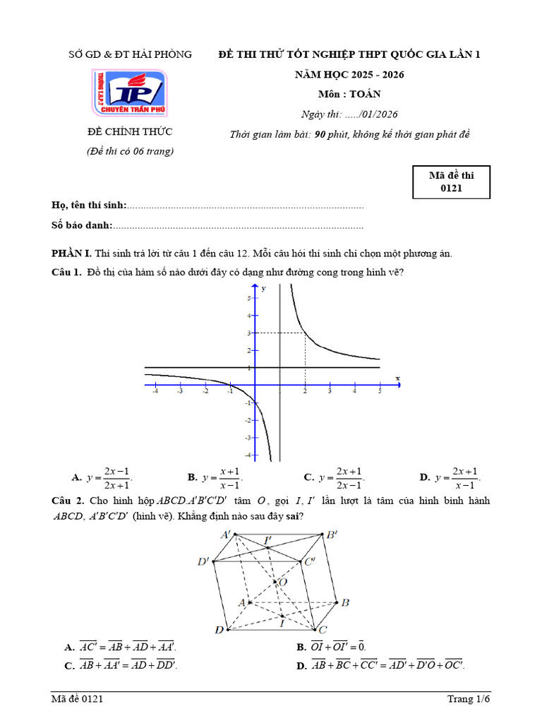 De Thi Thu Tn Thpt 2026 Lan 1 Mon Toan Truong Thpt Chuyen Tran Phu Hai Phong | PDF