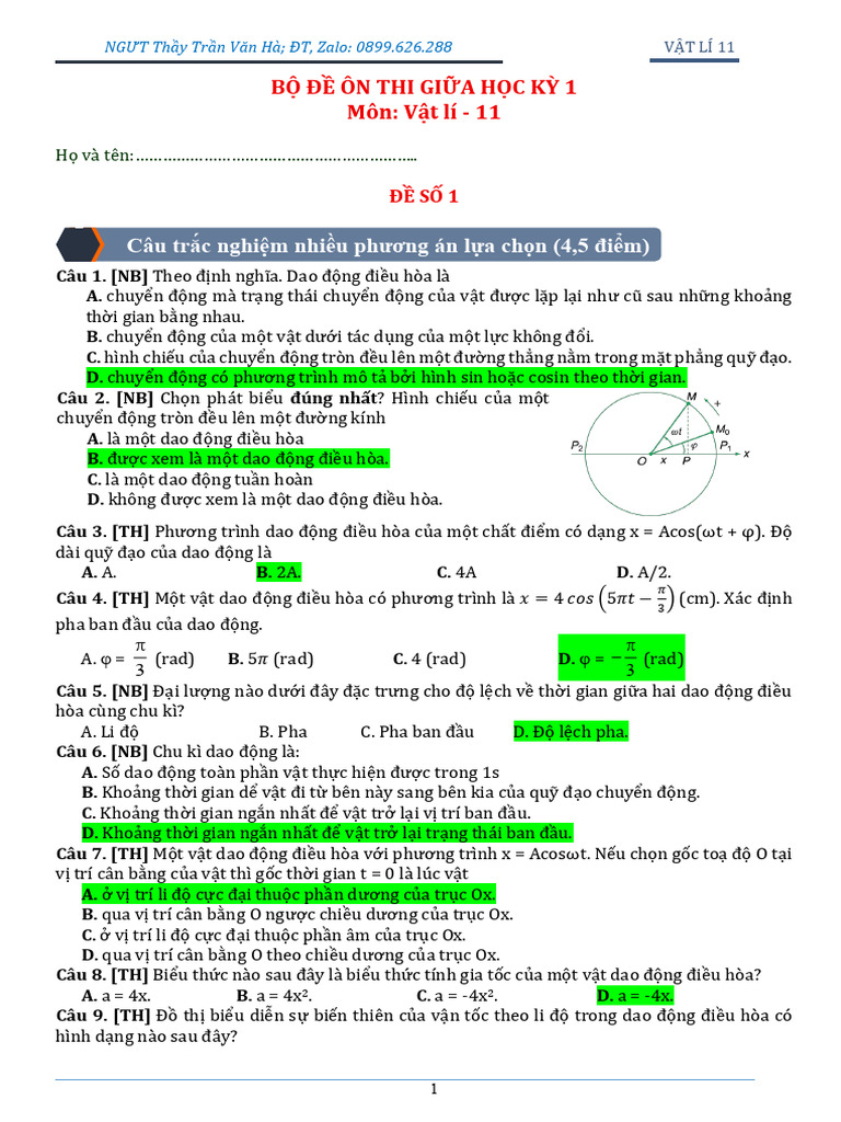 Đáp Án Đề Ôn Tập Giữa HK1 Môn Vật Lí 11-Thầy Hà | PDF