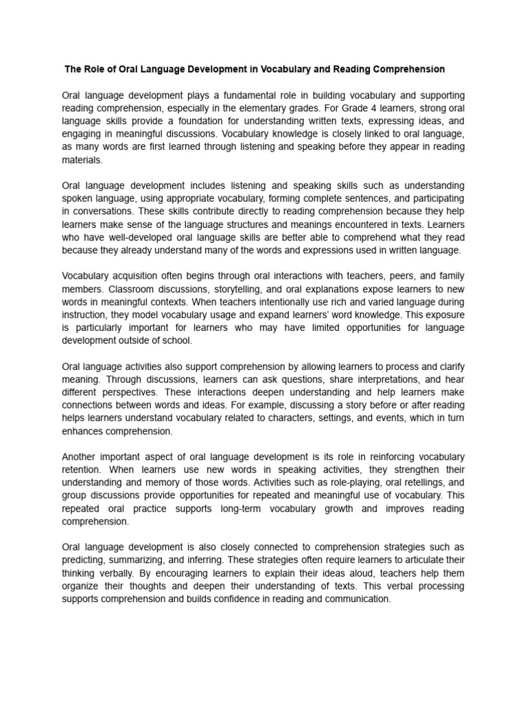 Oral Language's Impact on Vocabulary and Comprehension | PDF | Reading ...
