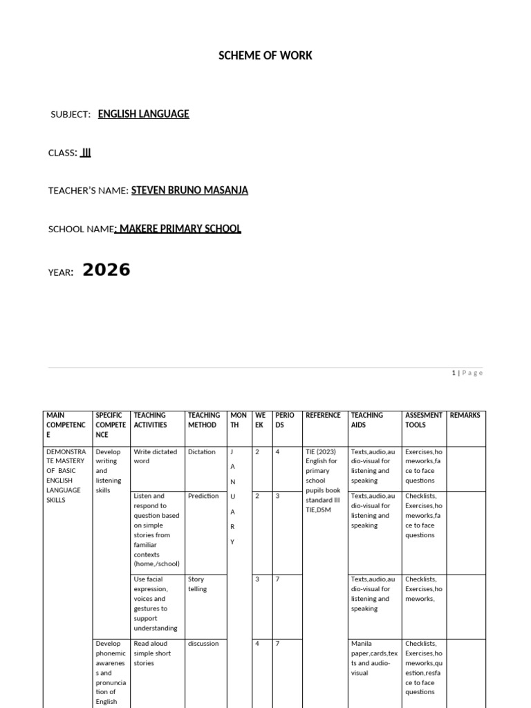 English Language Scheme for Class III | PDF | English Language ...