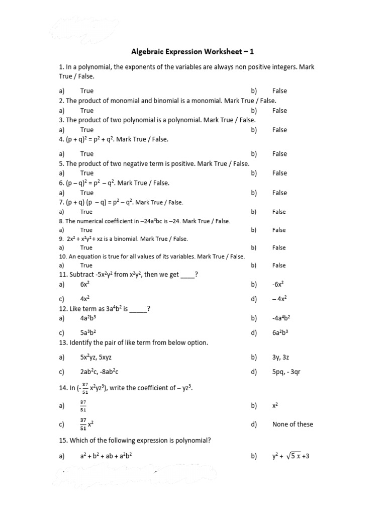 Algebraic Expressions Worksheet | PDF | Polynomial | Mathematical Objects