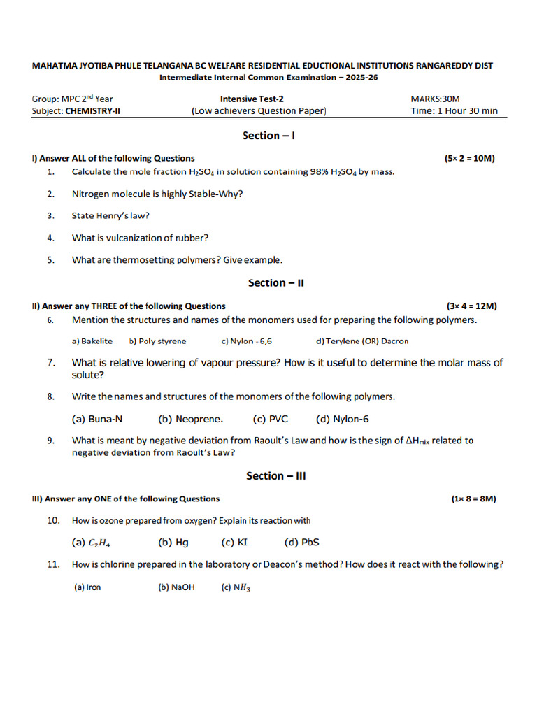 Chemistry II Slow Learners Qp Intesive 2 | PDF