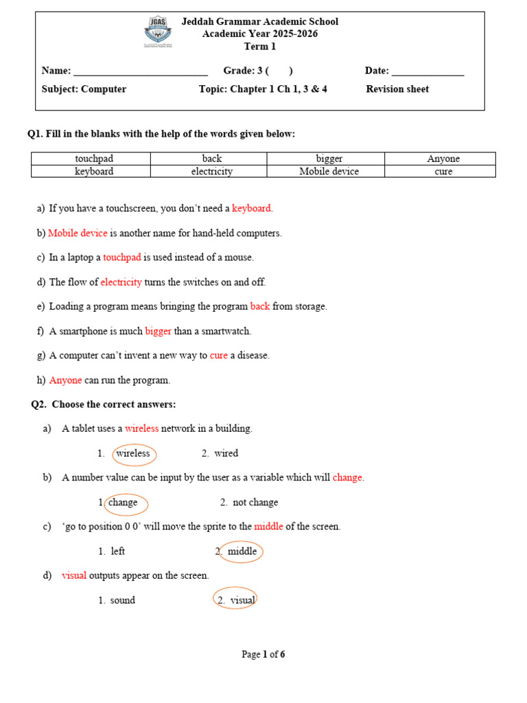 Computer Grade 3 Revision Sheet Answer Key | PDF | Computer Keyboard ...