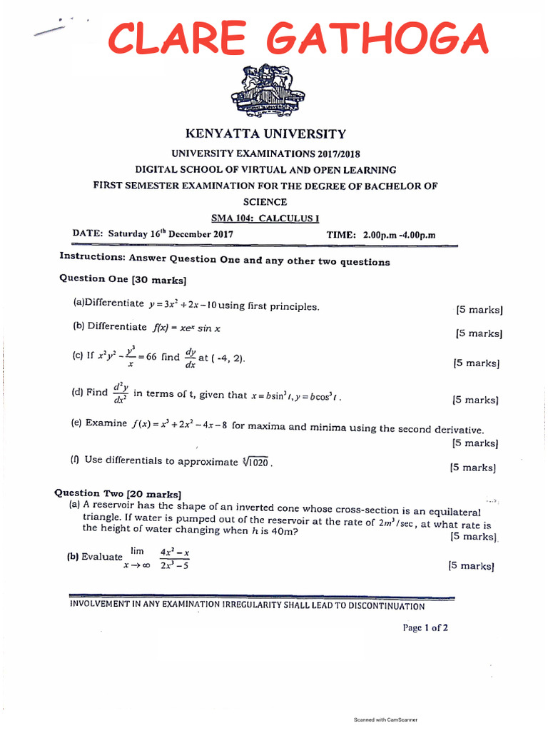 SMA104 Past Papers by Clare Gathoga | PDF