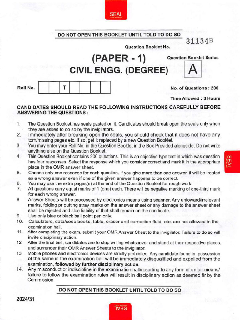 Civil Engg. Degree Paper I Series A | PDF