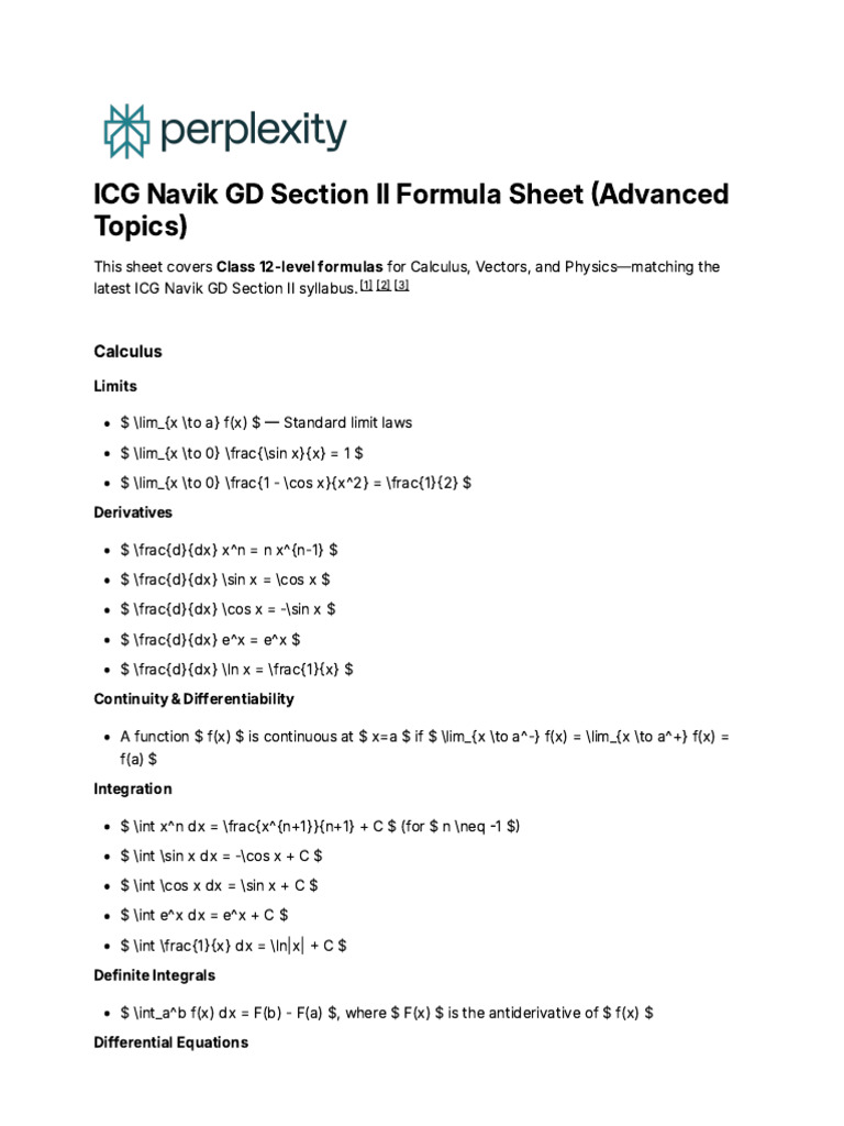 ICG Navik GD Section II Formula Sheet (Advanced to (1) | PDF | Force ...