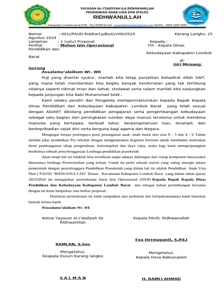 Permohonan Izin Operasional PAUD Ridwanullah | PDF