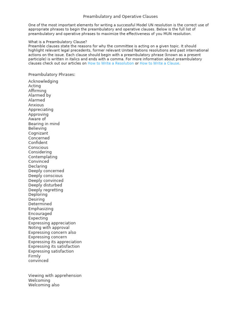 Preambulatory and Operative Clauses | PDF | Clause | United Nations