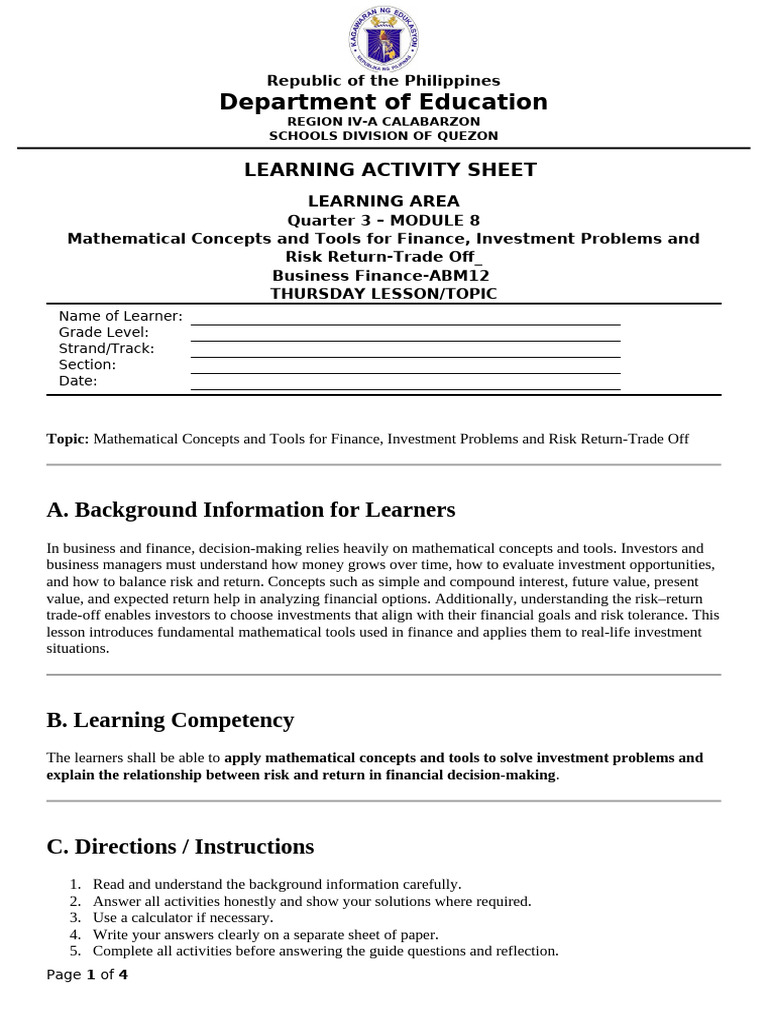 Las Business Finance Module 8 Students | PDF | Risk | Investing