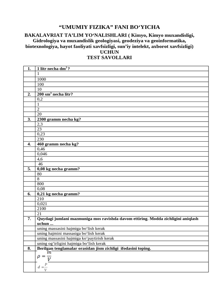 Umumiy Fizikadan 500 Ta TEST 1 2 Semestrdagi Yo'Nalishlar Uchun | PDF